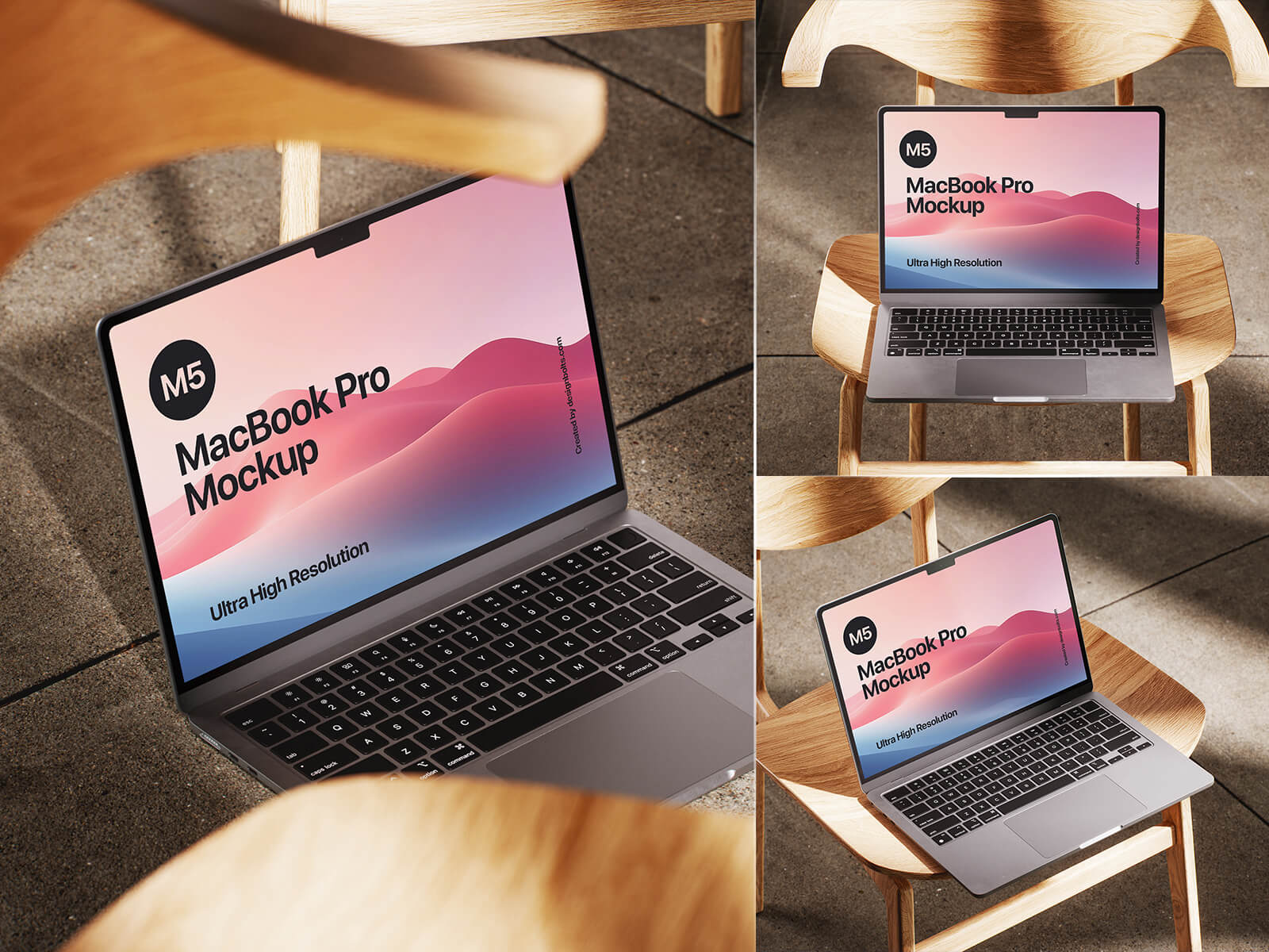 Free M5 MacBook Pro Mockup PSD Set With Wooden Chair - Good Mockups