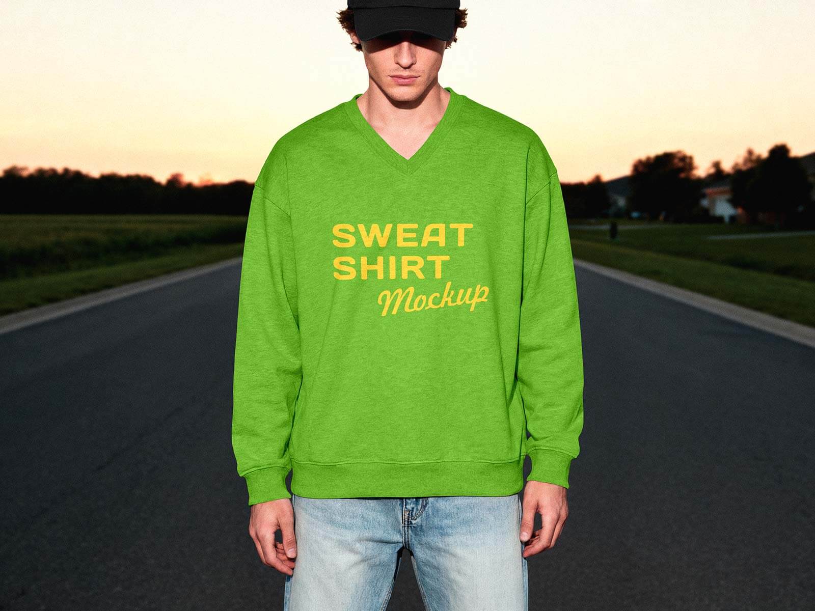 Free V-Neck Full Sleeves Sweatshirt Mockup PSD - Good Mockups